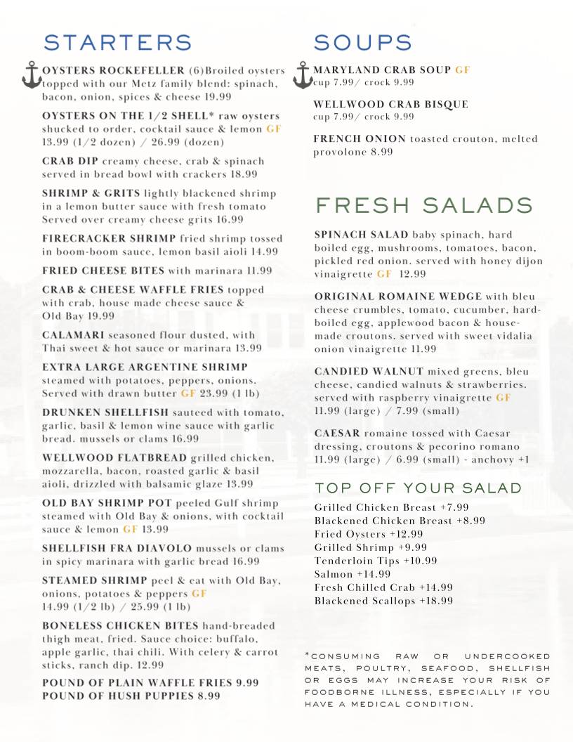 Menu at The Wellwood Restaurant, Charlestown, 523 Water St