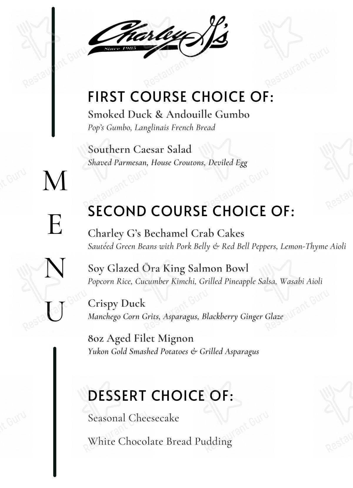 Menu at Charley G's pub & bar, Lafayette
