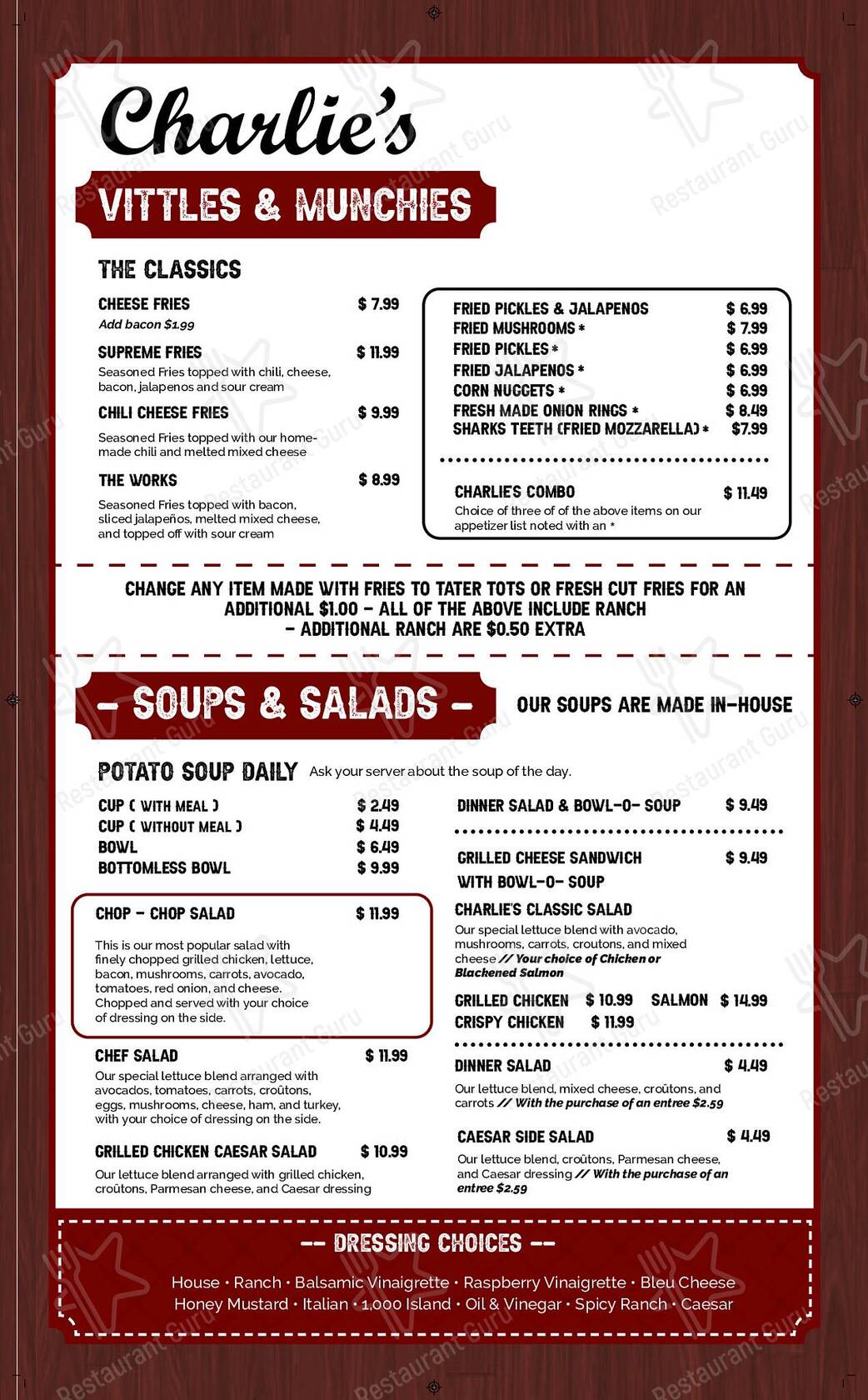 Menu at Charlie's Old Fashioned Kitchen restaurant, Royse City