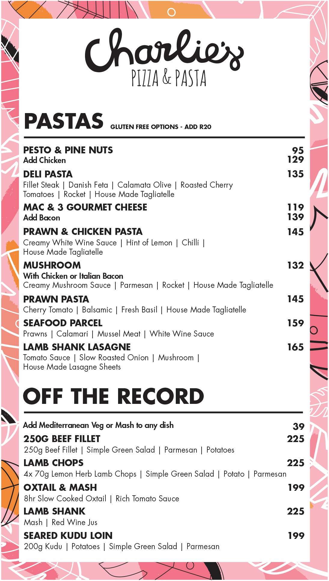 Menu at Charlie's Pizza & Pasta restaurant, Port Elizabeth, Shopping Centre