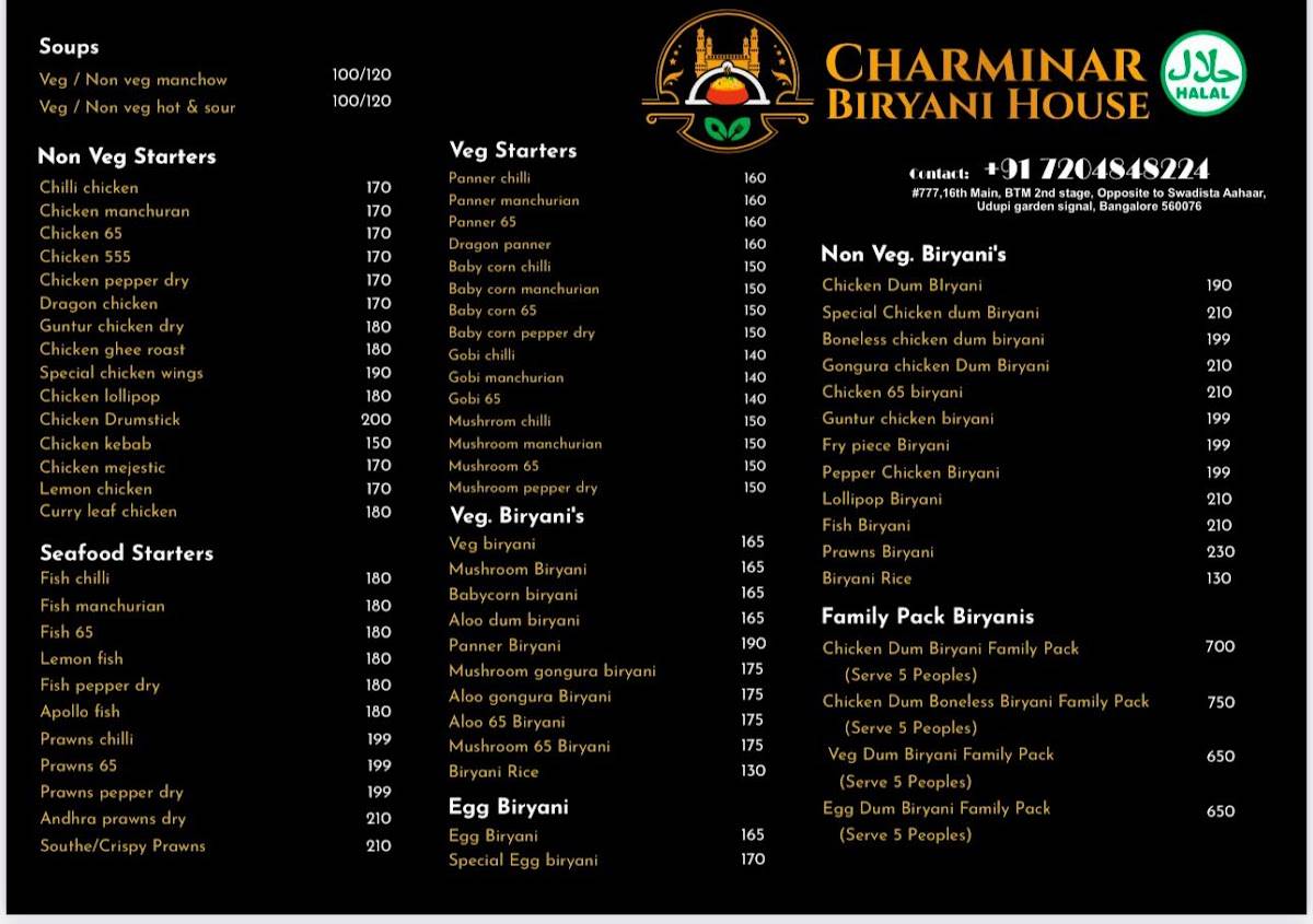 Menu at Charminar Biryani House, Bengaluru, 777