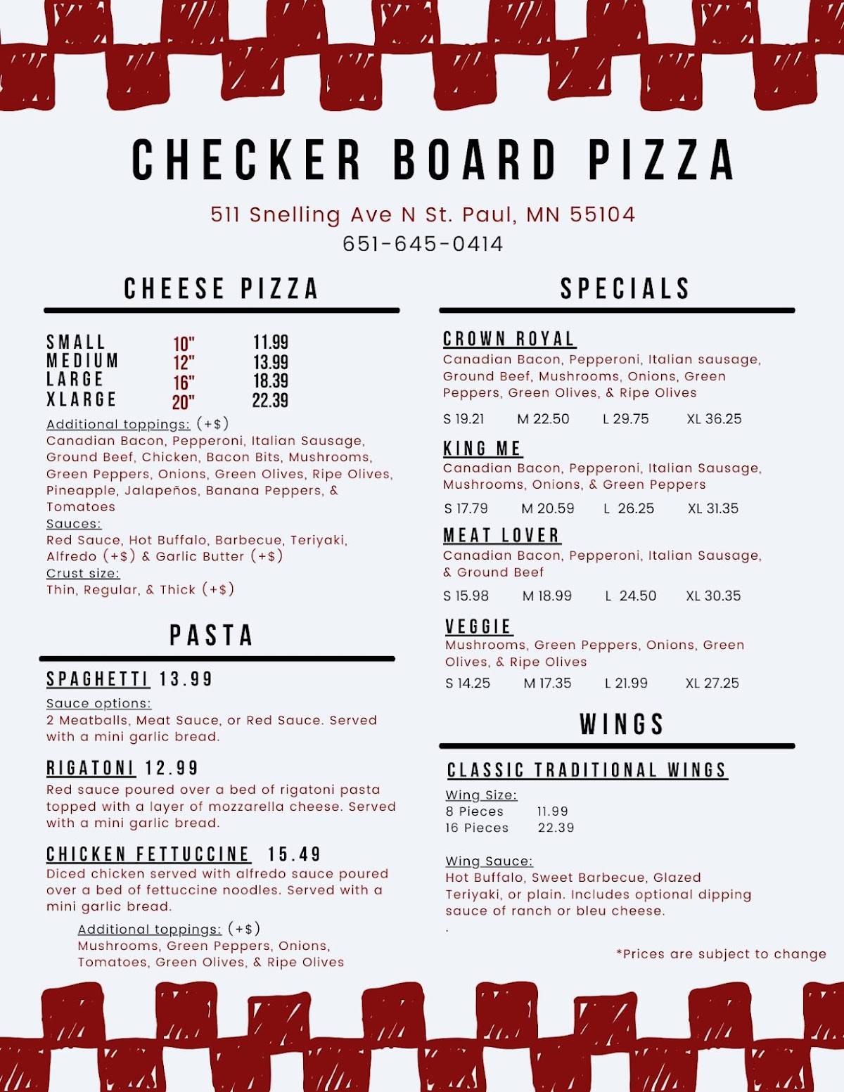 Carta de pizzería Checker Board Pizza, Saint Paul