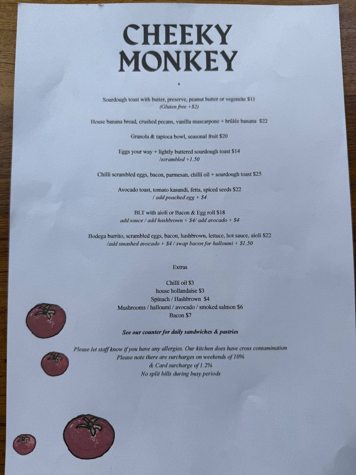Menu at Cheeky Monkey cafe, Richmond