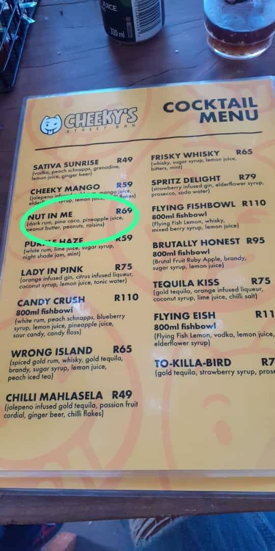 Menu at Cheeky's Street Bar - Hatfield, Pretoria