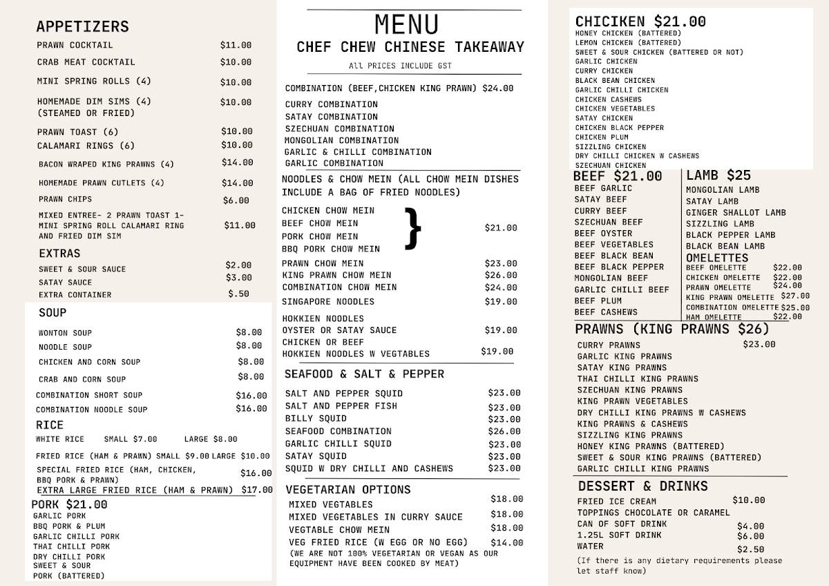 Menu at Chef Chew Chinese Takeaway restaurant, Gundagai
