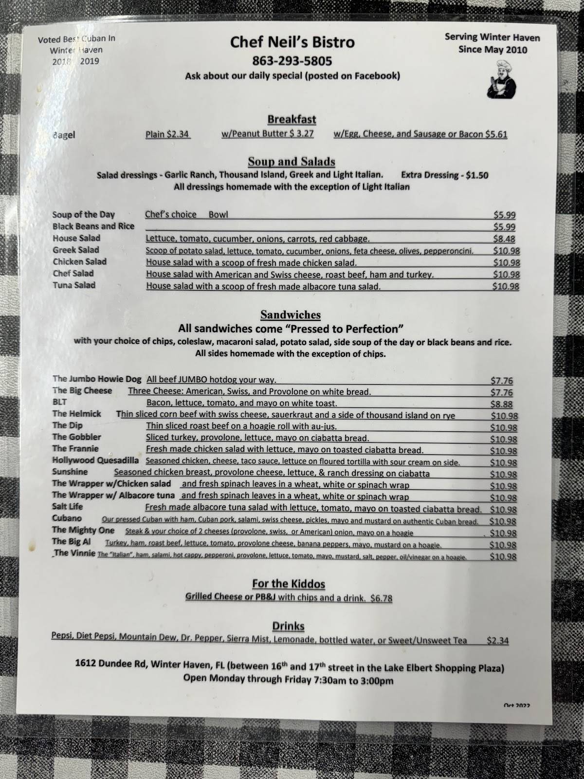 Menu at Chef Neil's Bistro restaurant, Winter Haven