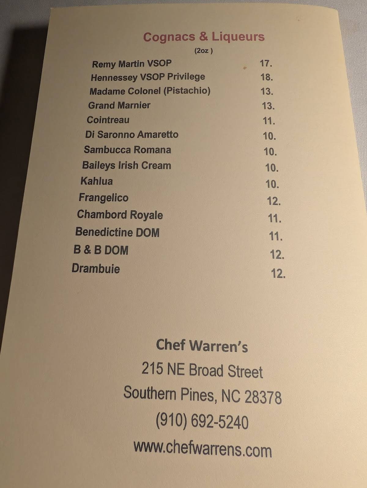 Menu at Chef Warren's Bistro restaurant, Southern Pines