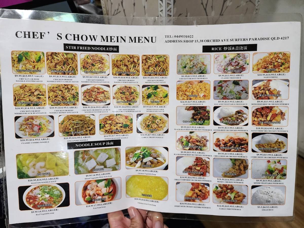 Menu at Chef's Chow Mein restaurant, Surfers Paradise