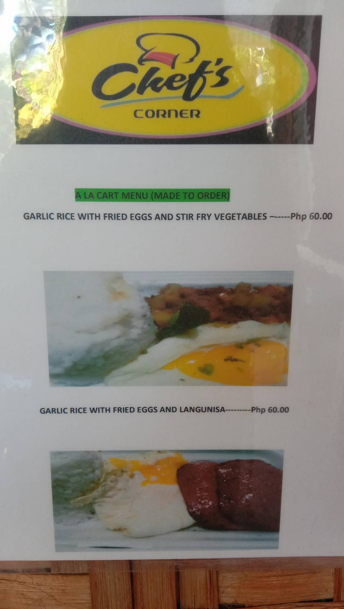 Menu at Chef's Corner restaurant, Mabini