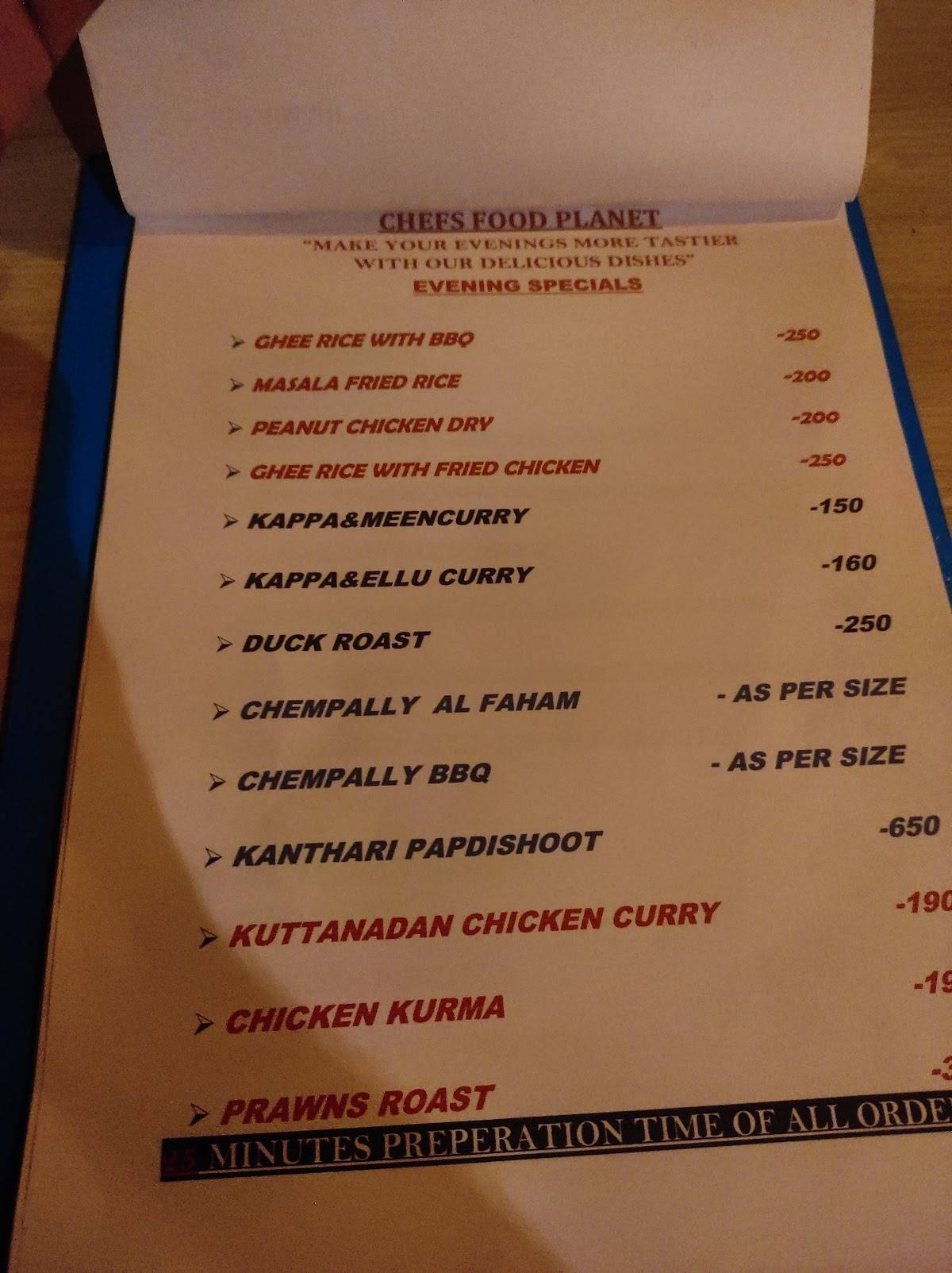 Menu at Chef's Food Planet Restaurant, Adoor
