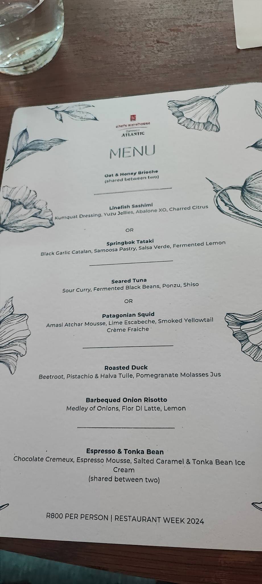 Menu at Chefs Warehouse at Tintswalo Atlantic restaurant, Cape Town