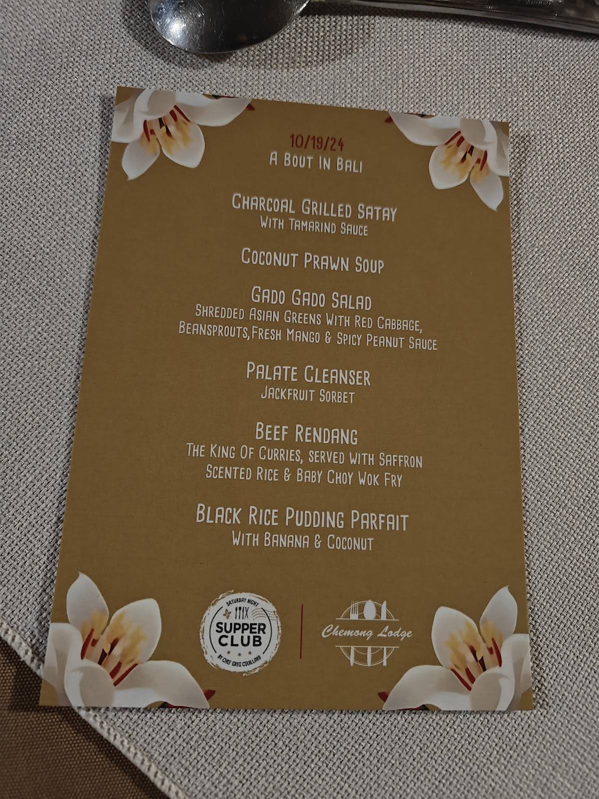 Menu at Chemong Lodge restaurant, Bridgenorth