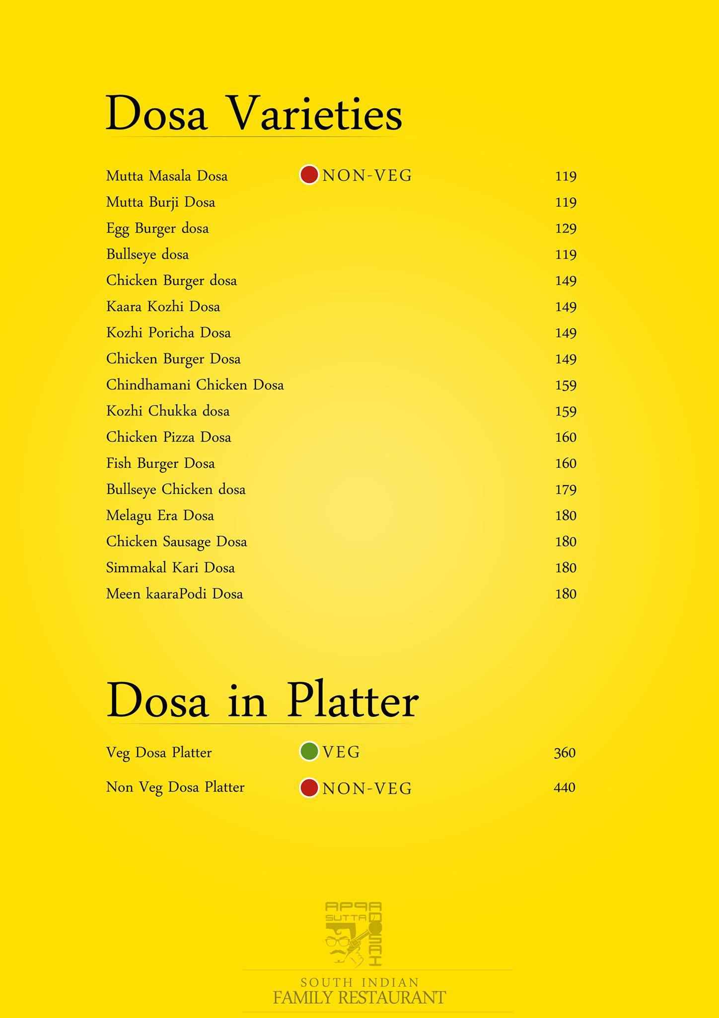 Menu at Appa Sutta Dosai, Chennai, Velachery