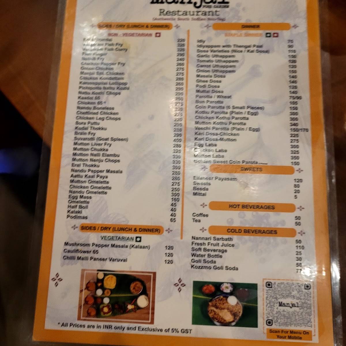 Menu at Manjal, Chennai, 6/9