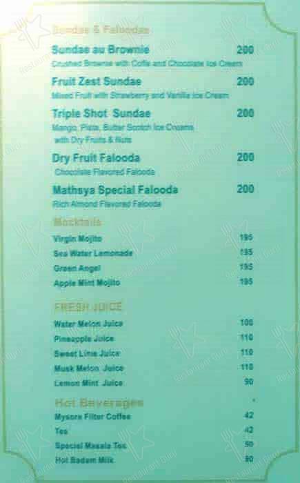 Menu at Mathsya, Chennai, Thanikachalam Road