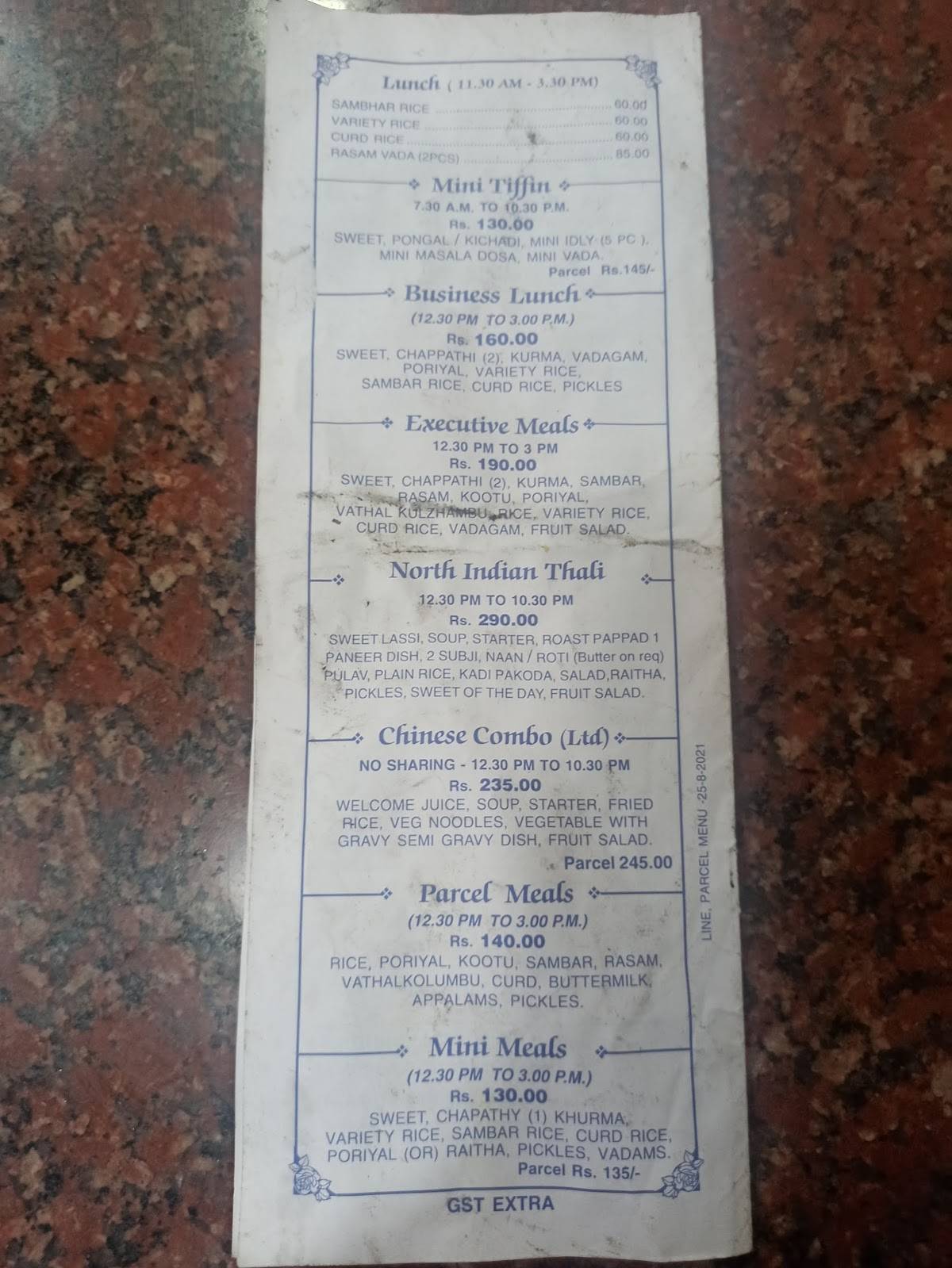 Menu at Sangeetha Veg Restaurant, Chennai, 65, Anna Salai