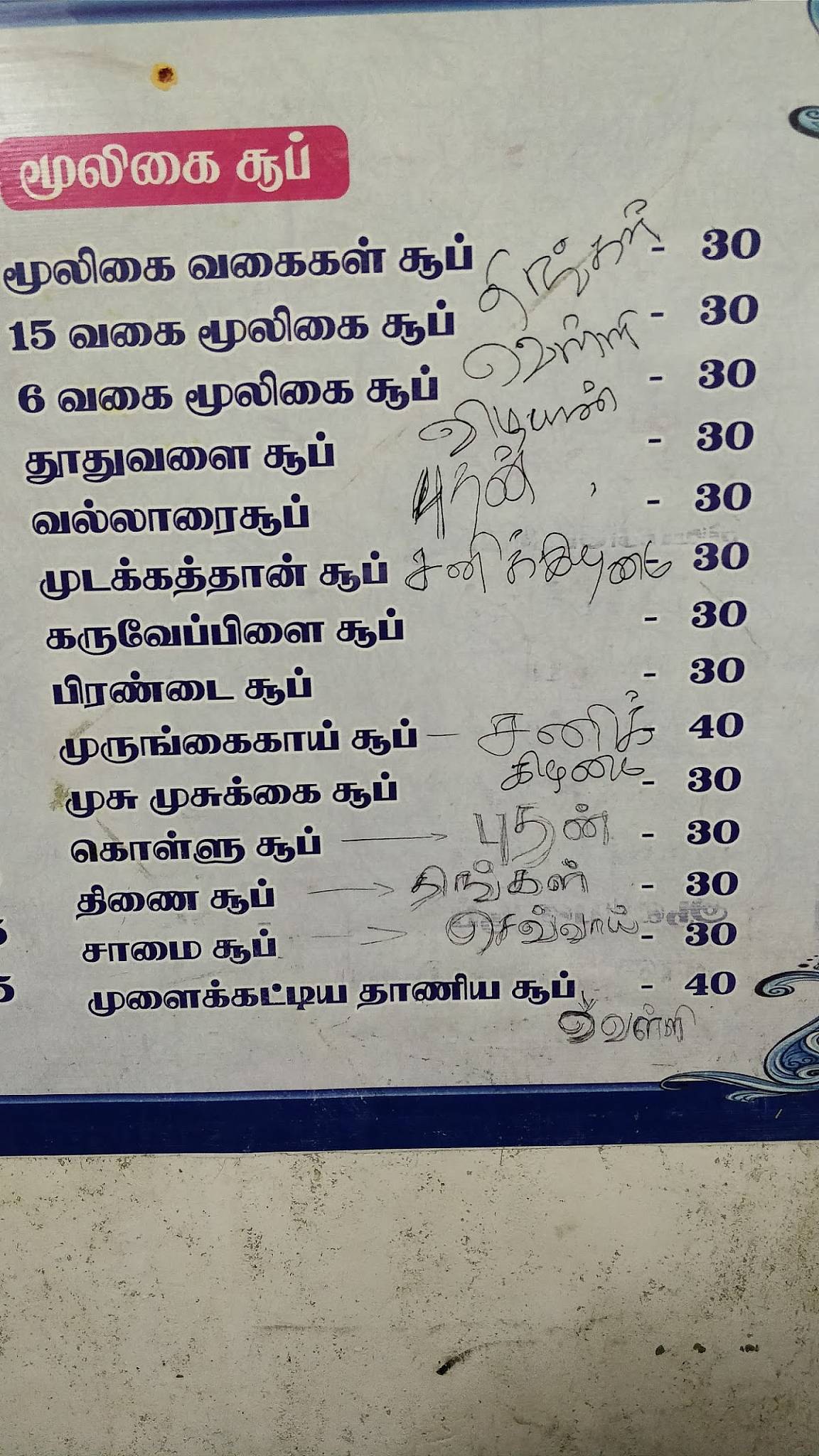 Menu at Vallalaar Soup Stall, Chennai