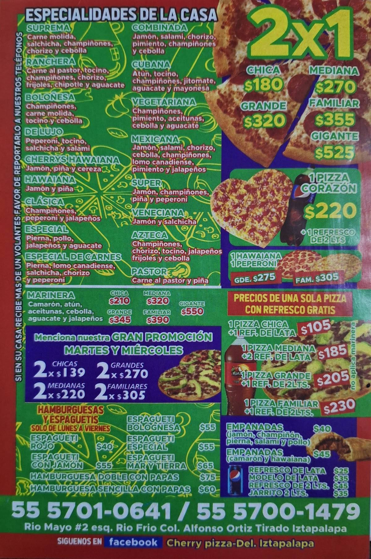 Carta del restaurante Cherrys Pizza, Ciudad del México, Av. Río Mayo 2