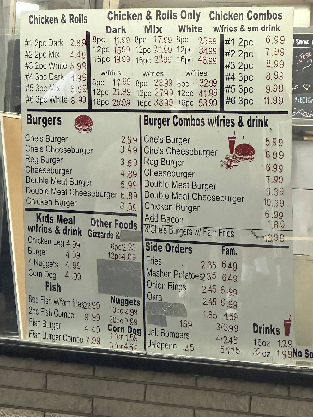 Menu at Che's Chicken & Burgers fast food, San Antonio