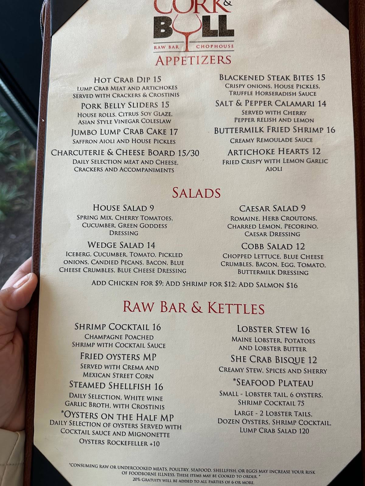 Menu at Cork & Bull Chophouse restaurant, Chesapeake