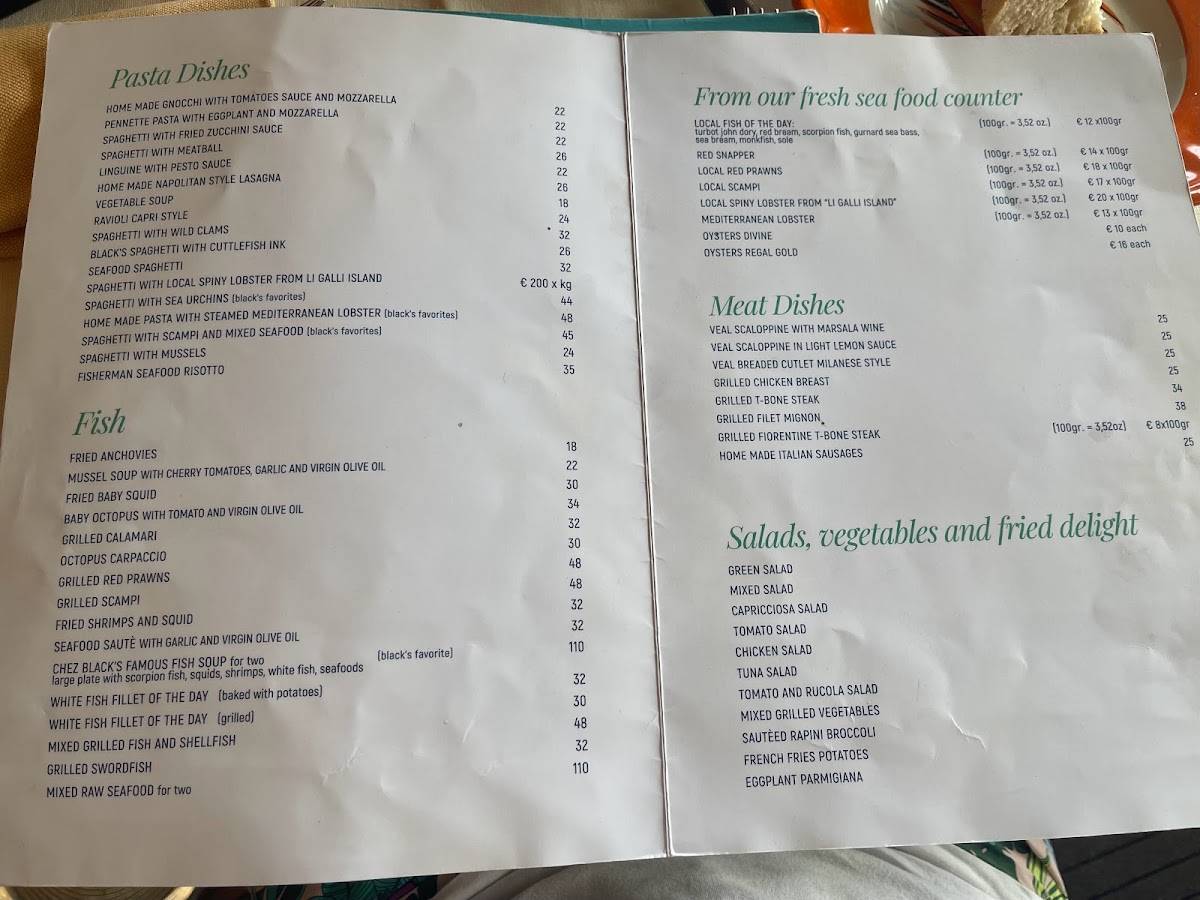 Menu at Chez Black restaurant, Positano