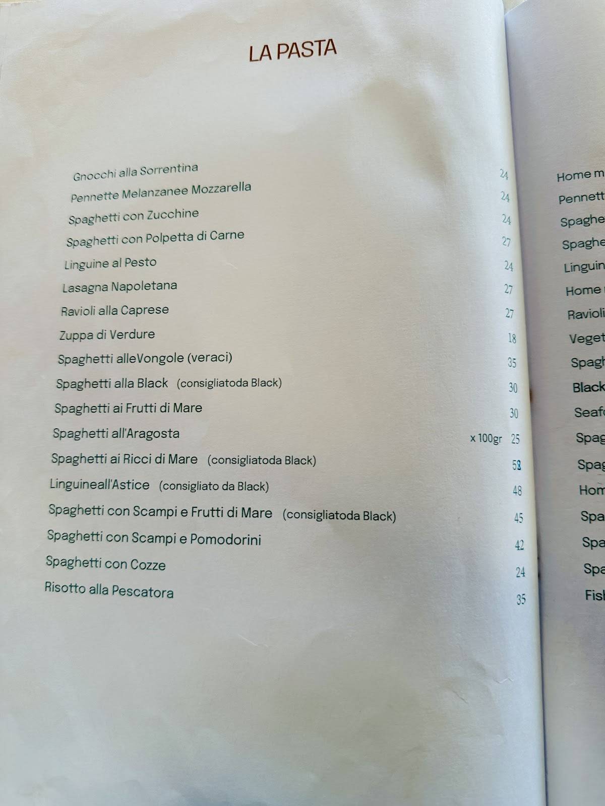 Menu at Chez Black restaurant, Positano