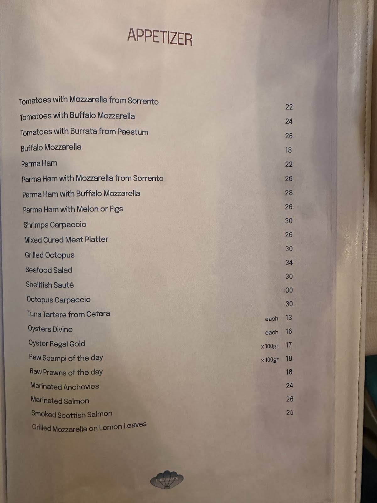 Menu at Chez Black restaurant, Positano