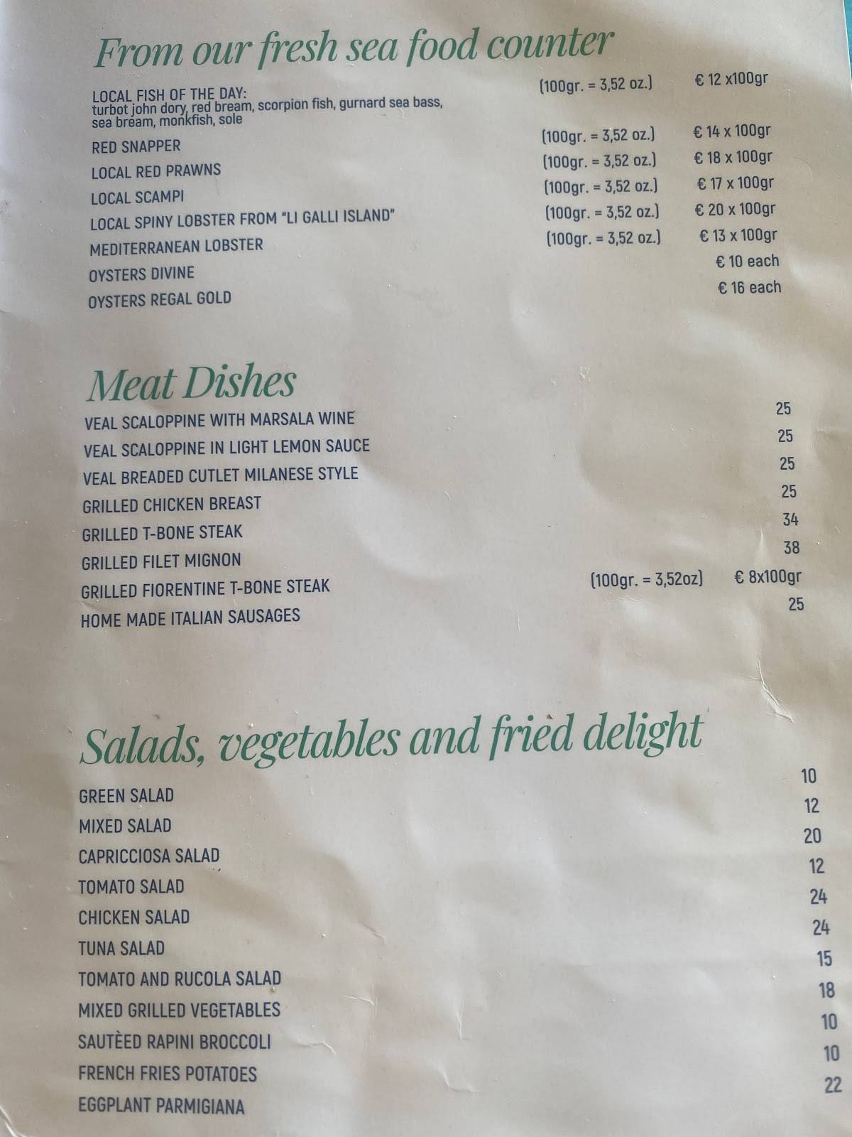 Menu at Chez Black restaurant, Positano