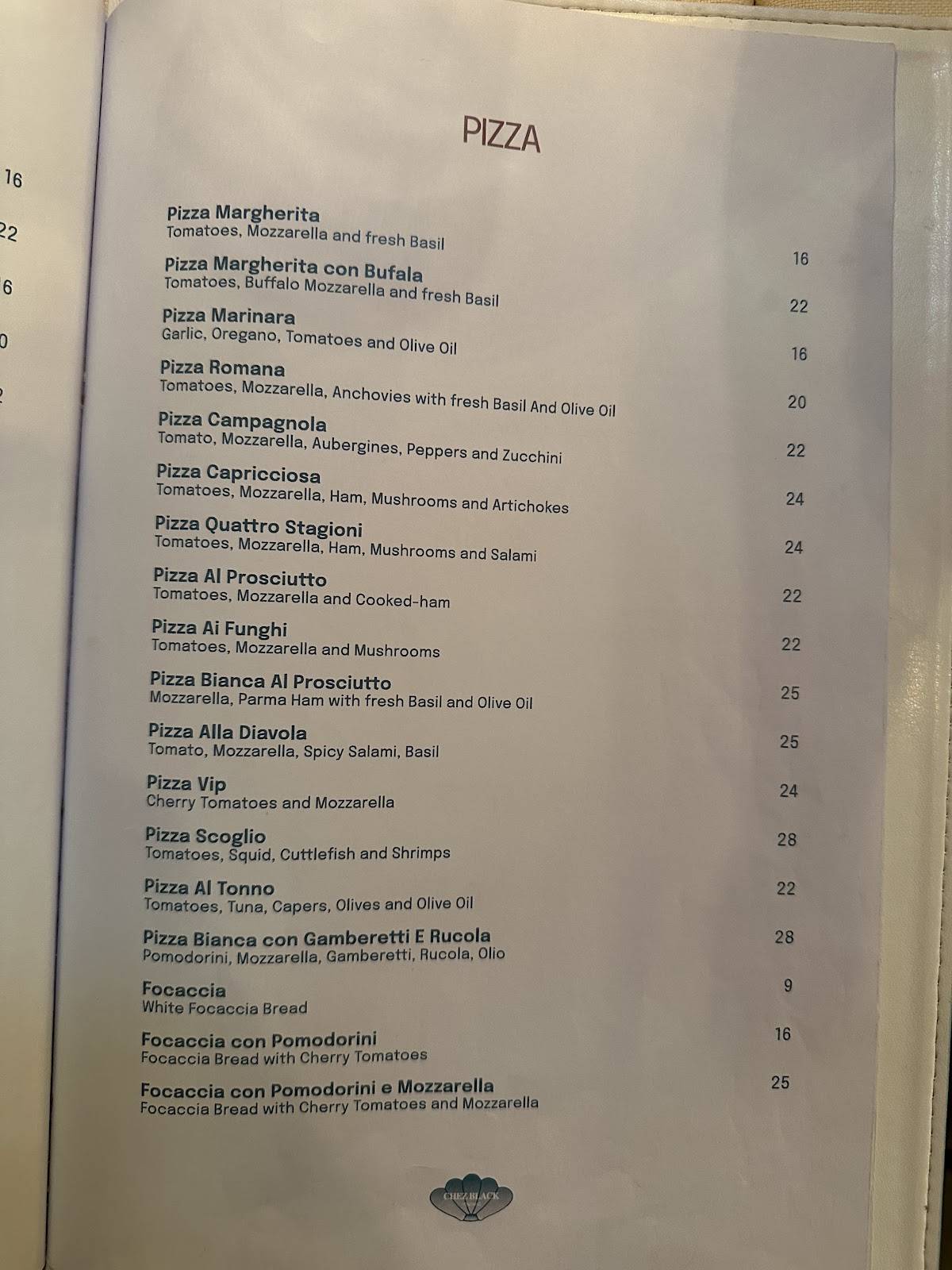 Menu at Chez Black restaurant, Positano