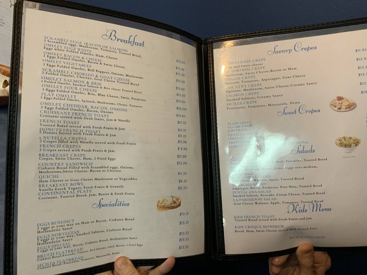 Menu at Chez David restaurant, Clearwater