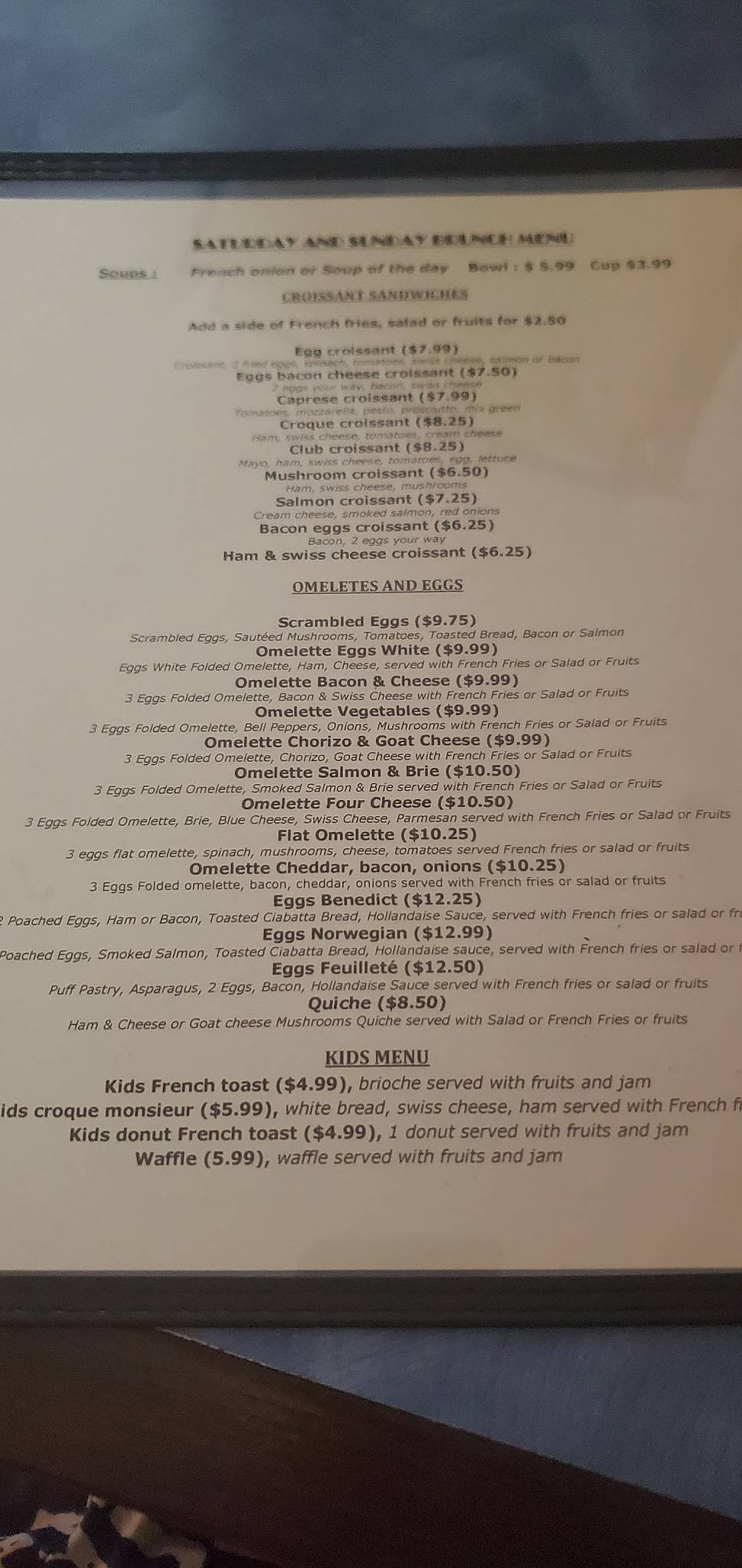 Menu at Chez David restaurant, Clearwater