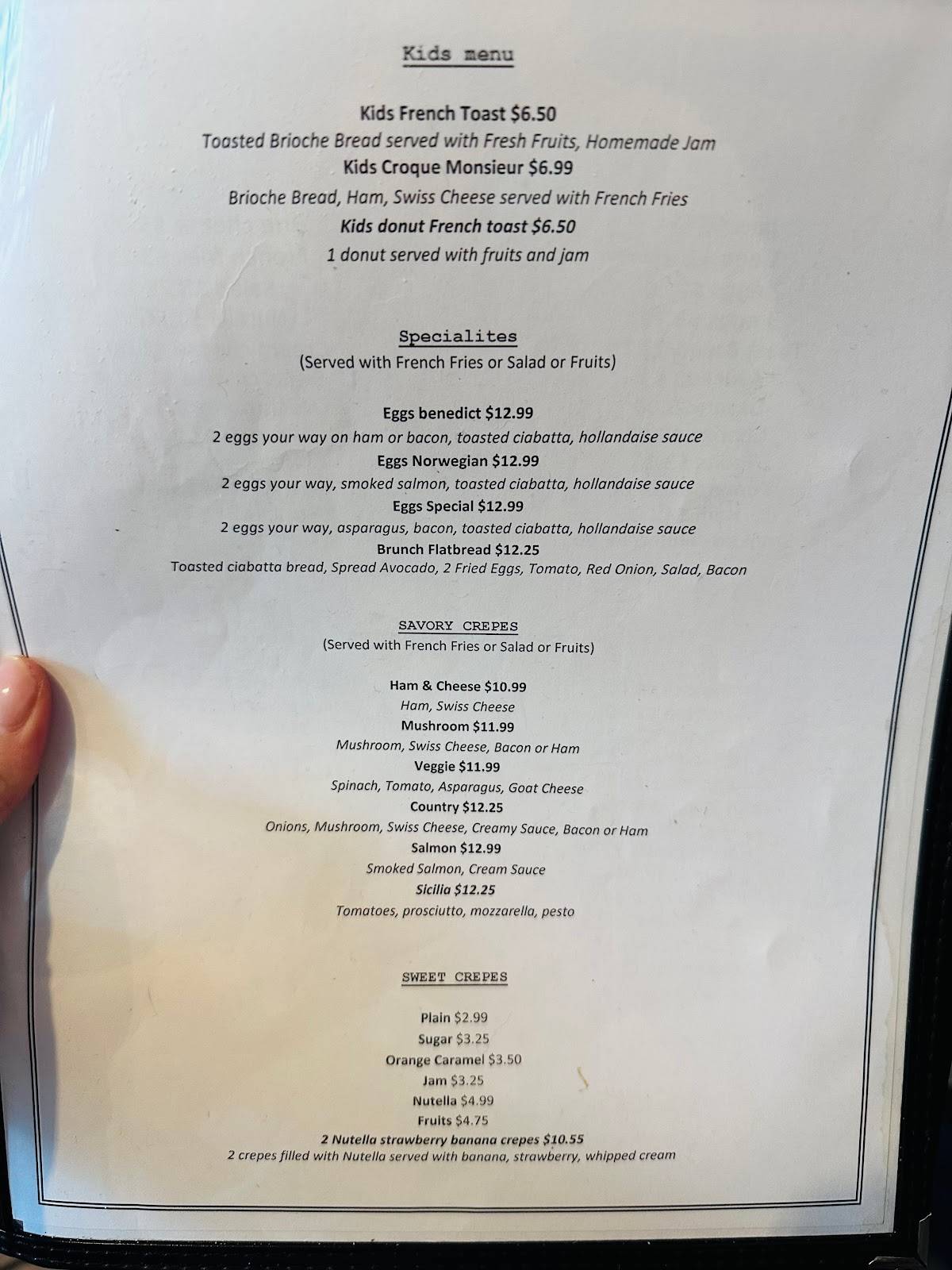 Menu at Chez David restaurant, Clearwater