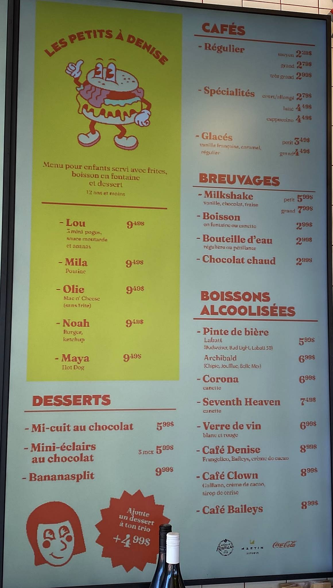 Menu au Chez Denise restaurant, Shannon
