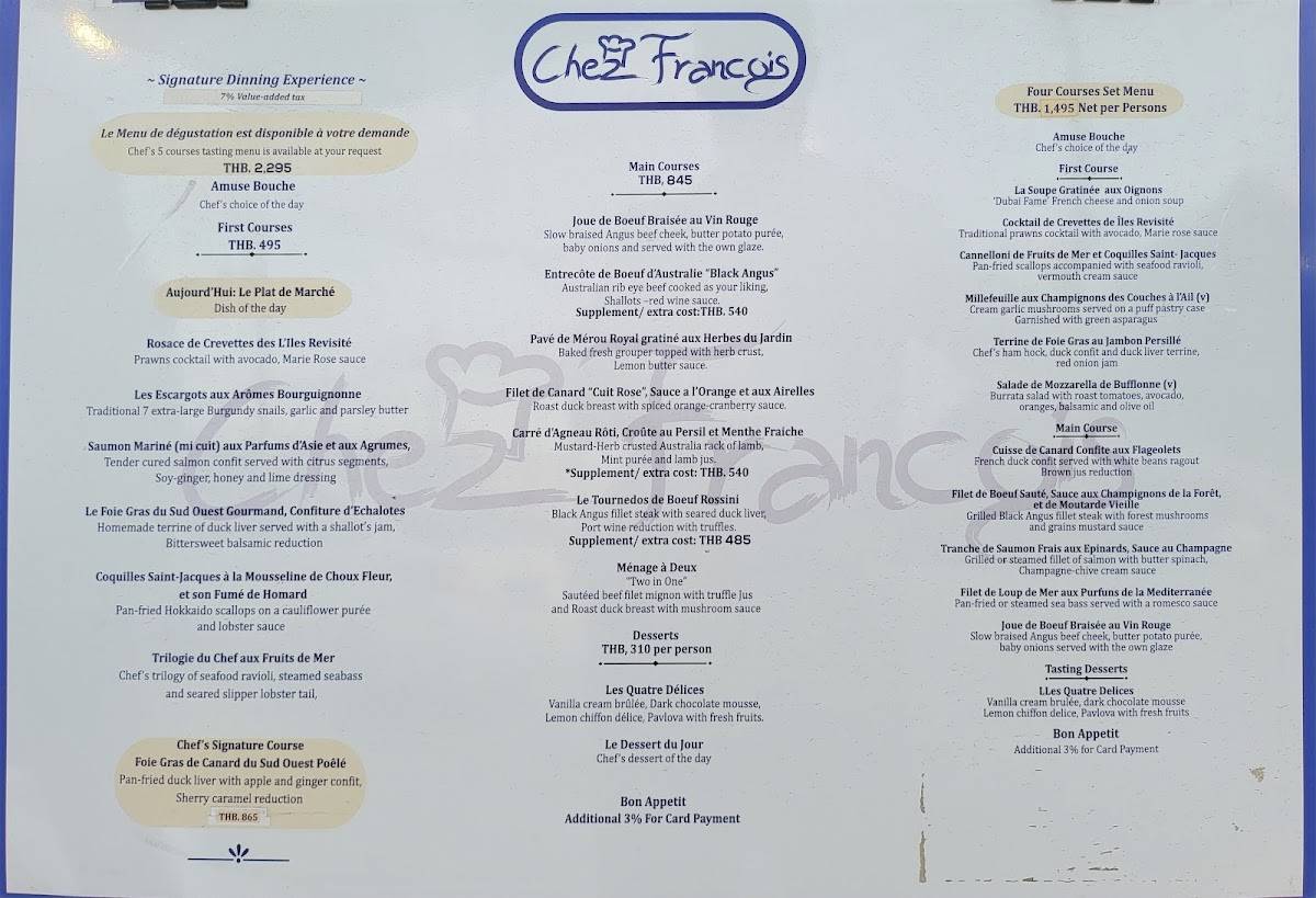 Menu at Chez François restaurant, Ko Samui, 33/2 Moo1 Fisherman's Village