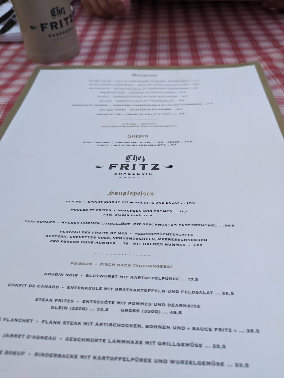 Speisekarte von Chez Fritz restaurant, München