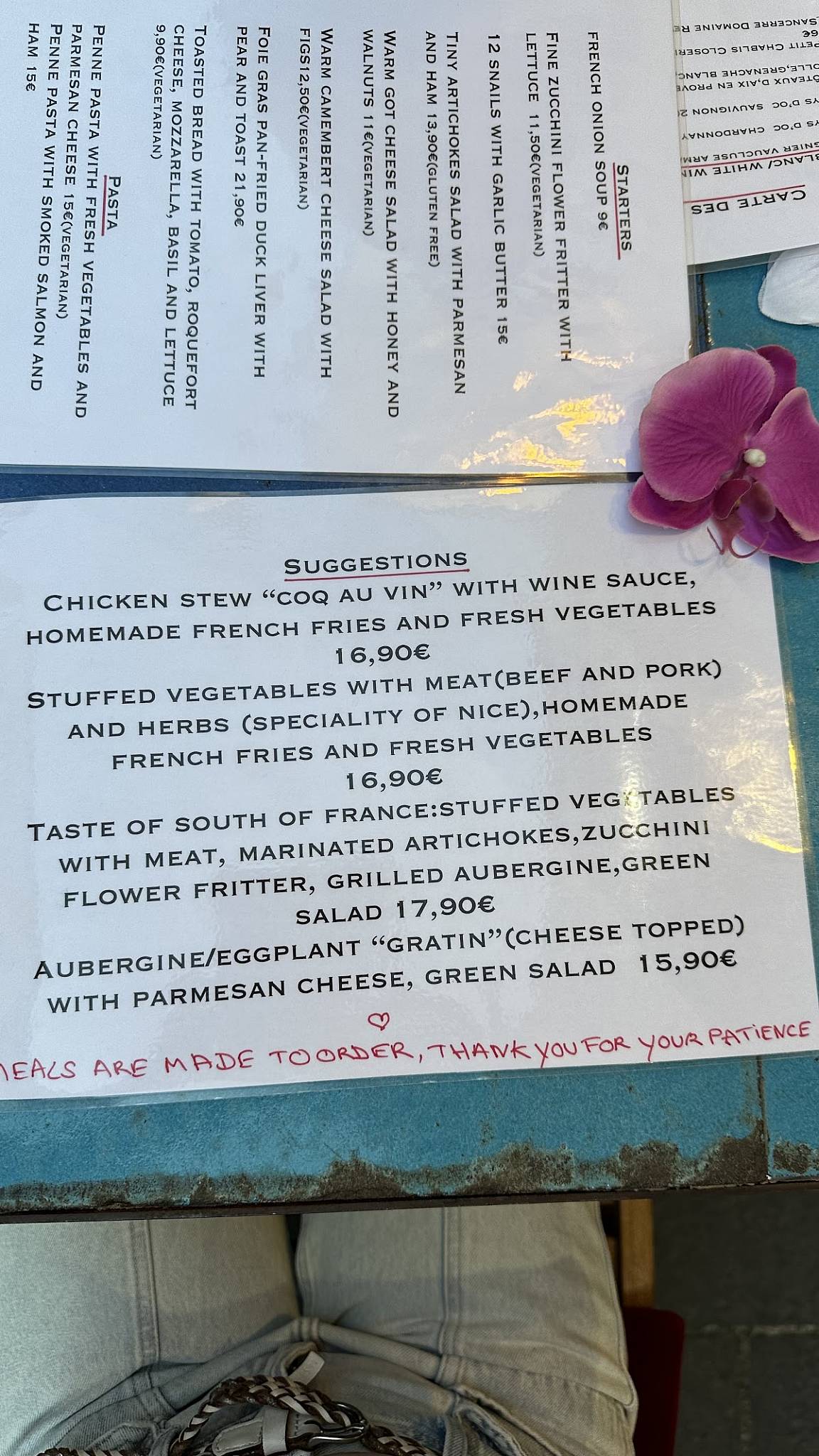 Menu at Chez Juliette restaurant, Nice