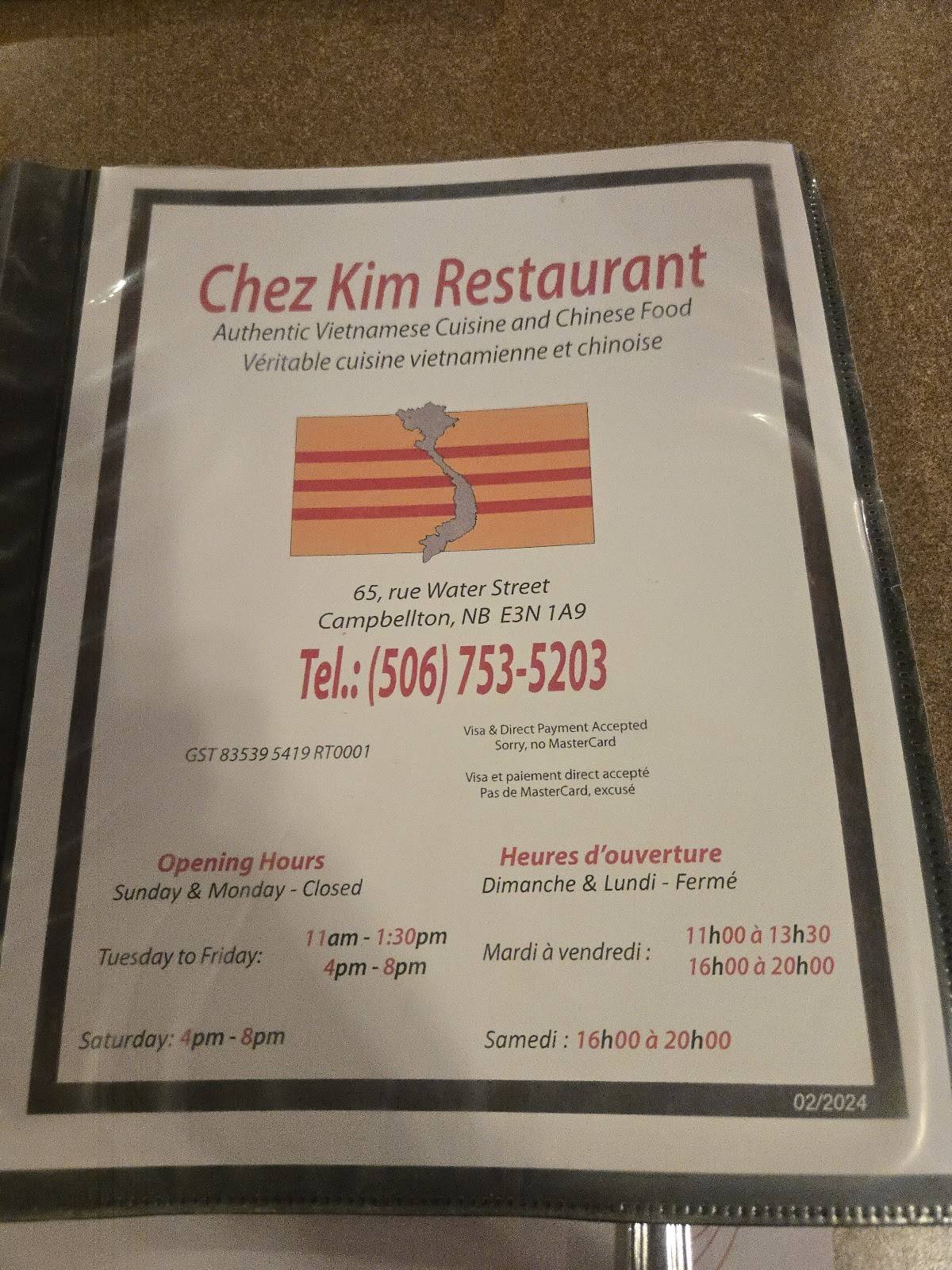Menu au Chez Kim restaurant, Campbellton