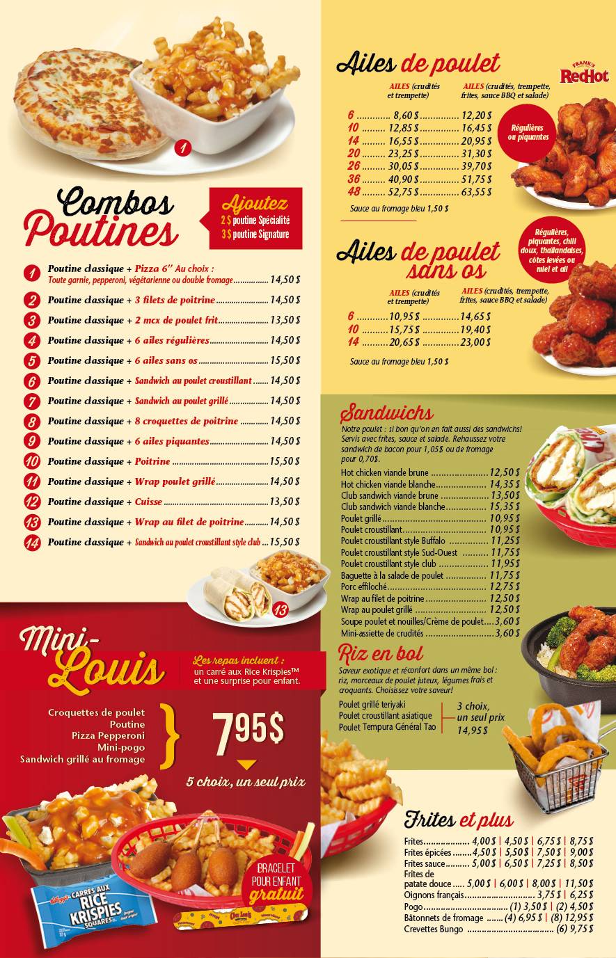 Menu au Chez Louis Poulet Et Pizza pizzeria, Drummondville, Bd Lemire