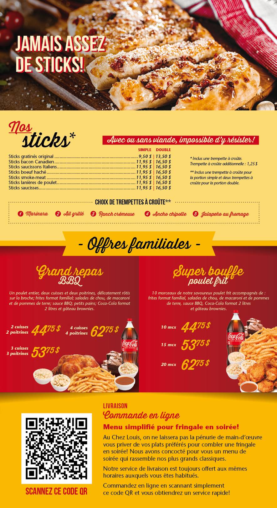 Menu au Chez Louis Poulet Et Pizza pizzeria, Drummondville, Bd Lemire