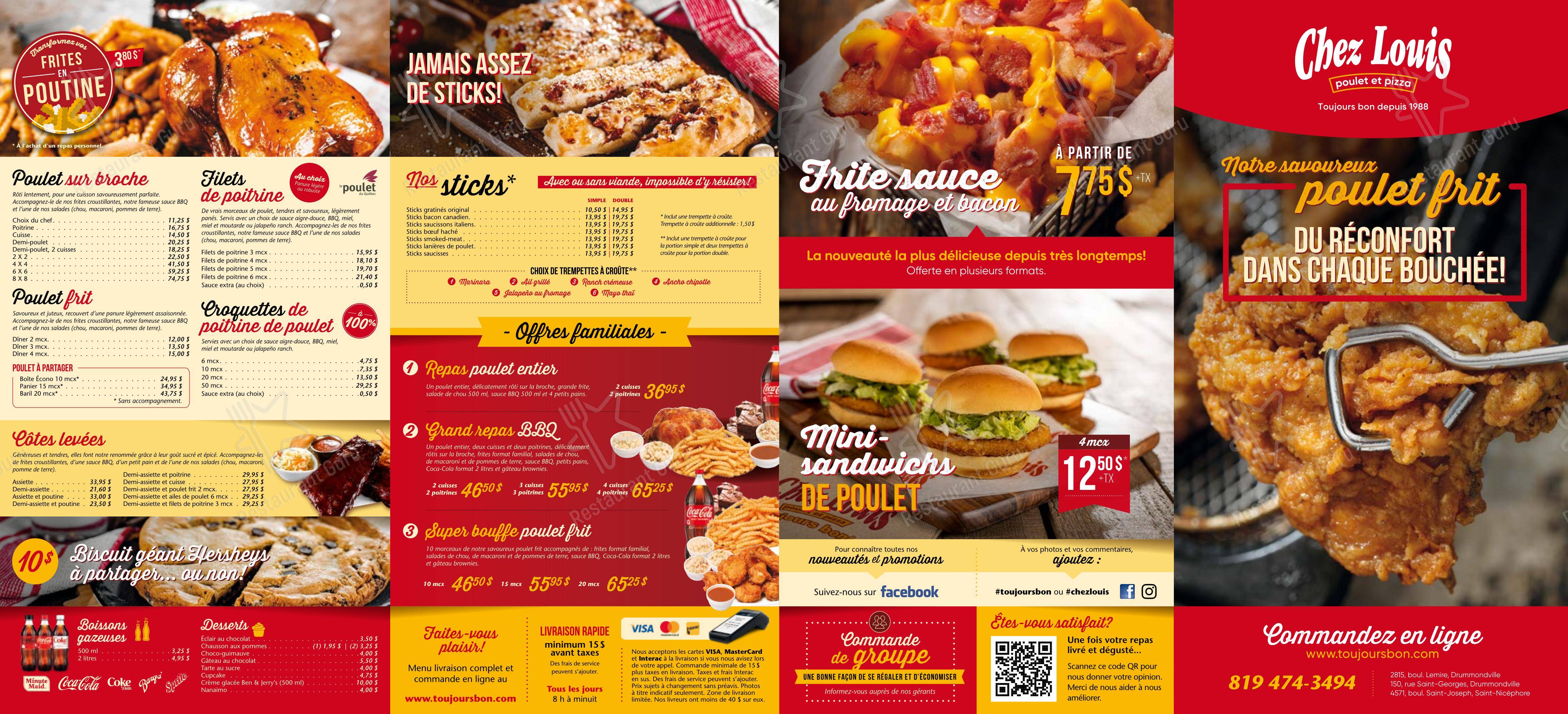 Menu au Chez Louis Poulet Et Pizza pizzeria, Drummondville, Bd Lemire