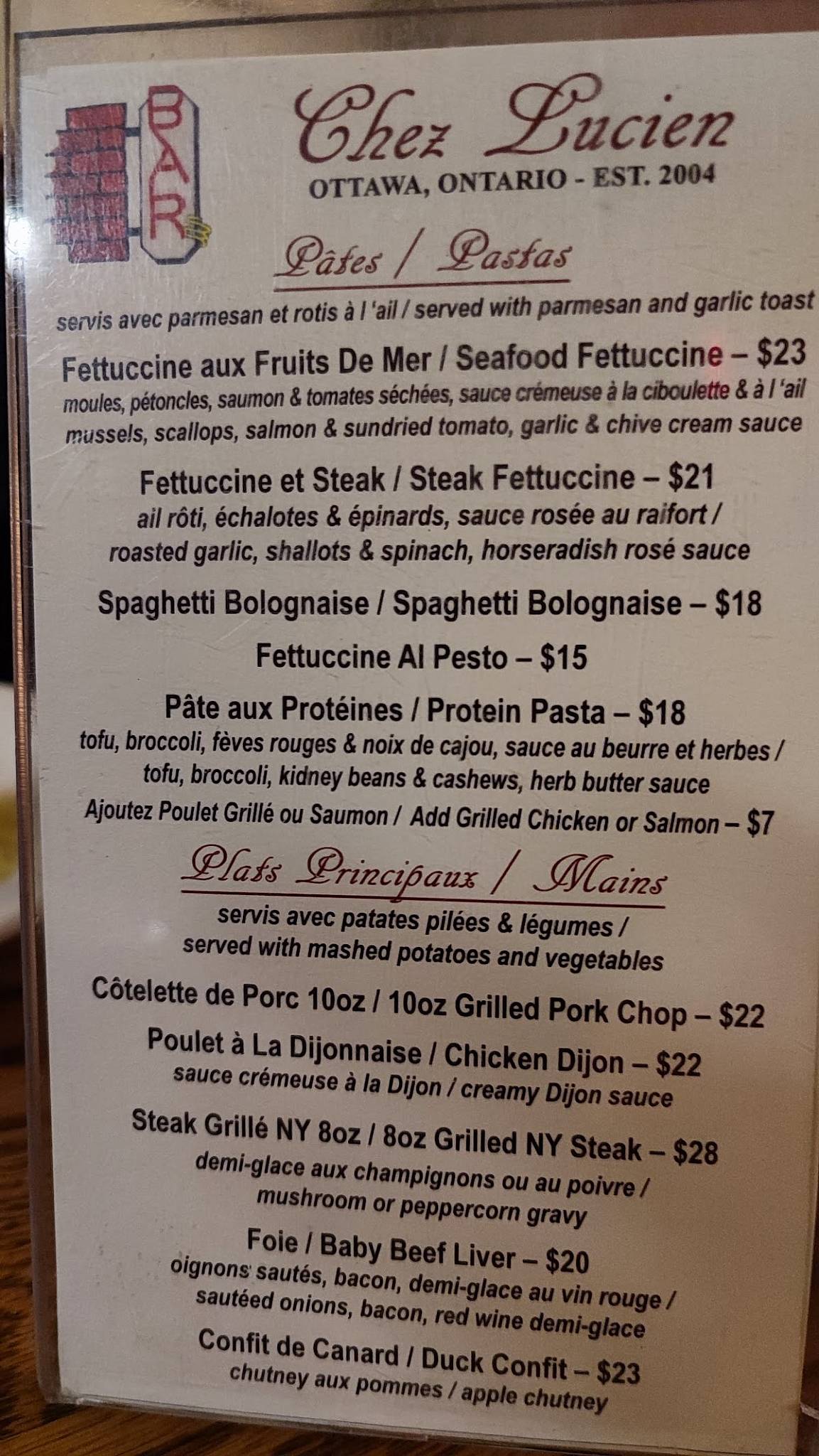 Menu at Chez Lucien pub & bar, Ottawa