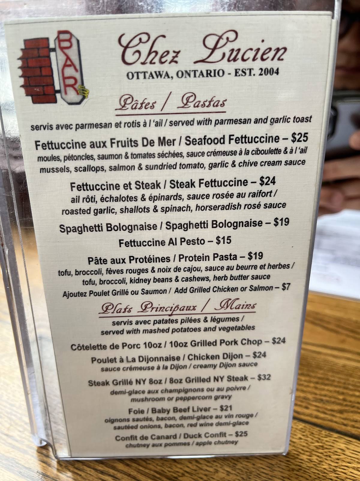 Menu at Chez Lucien pub & bar, Ottawa