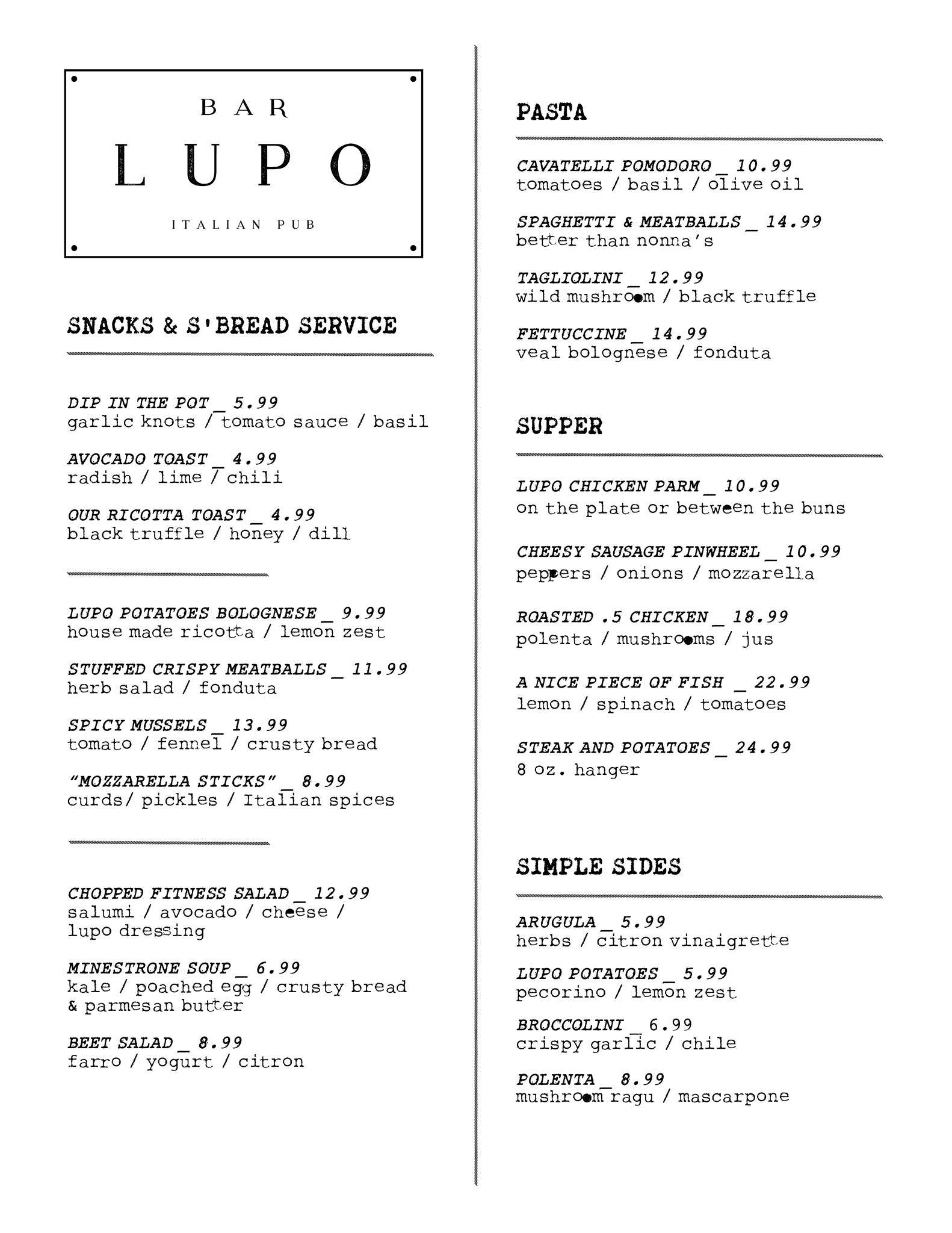 Menu at Bar Lupo, Chicago