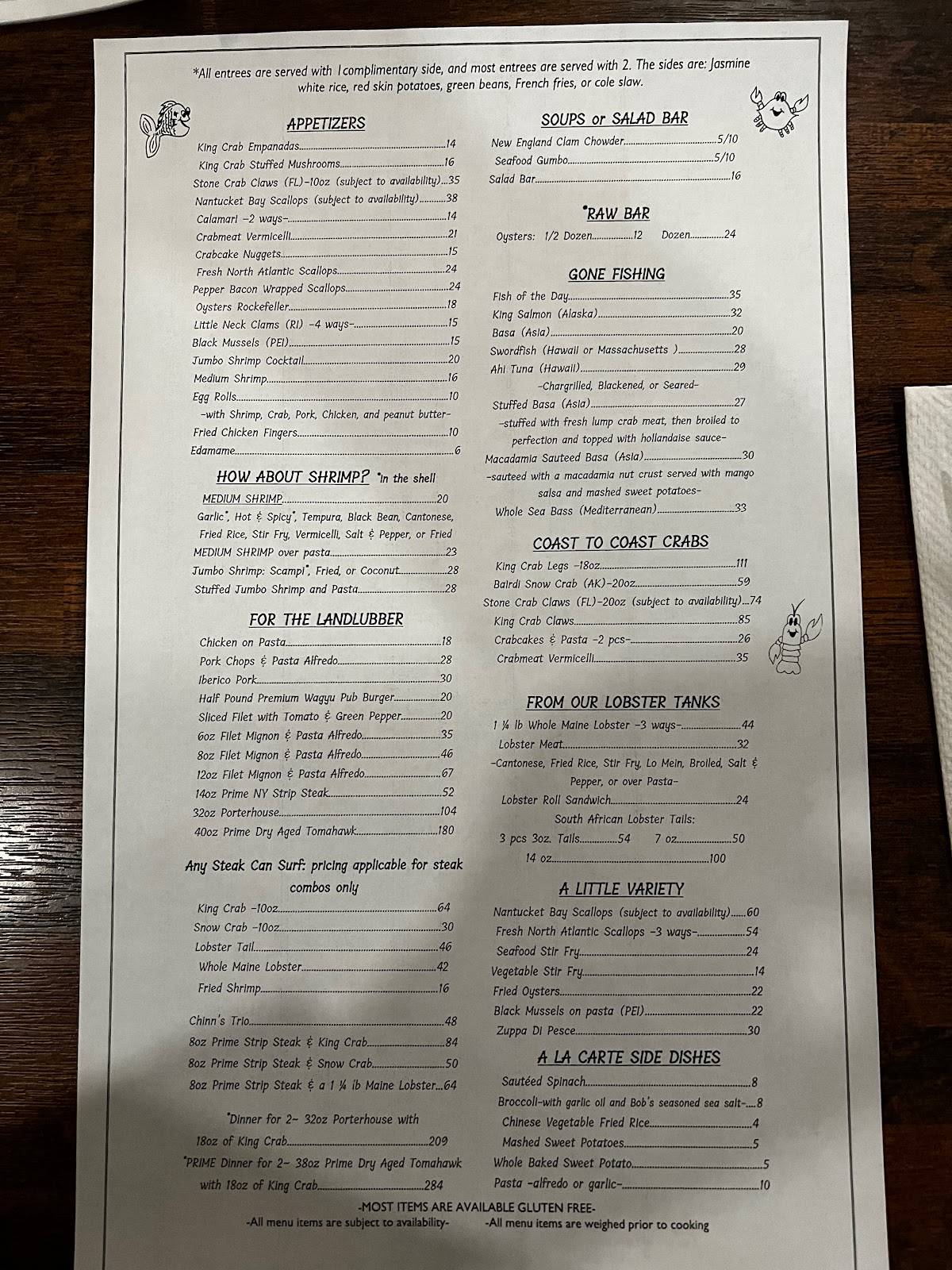 Menu at Bob Chinn's Crab House steakhouse, Wheeling