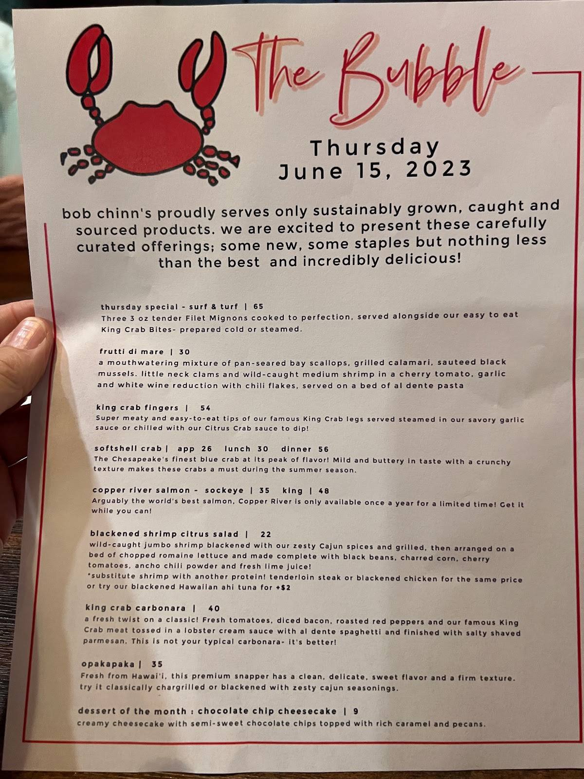 Menu at Bob Chinn's Crab House steakhouse, Wheeling