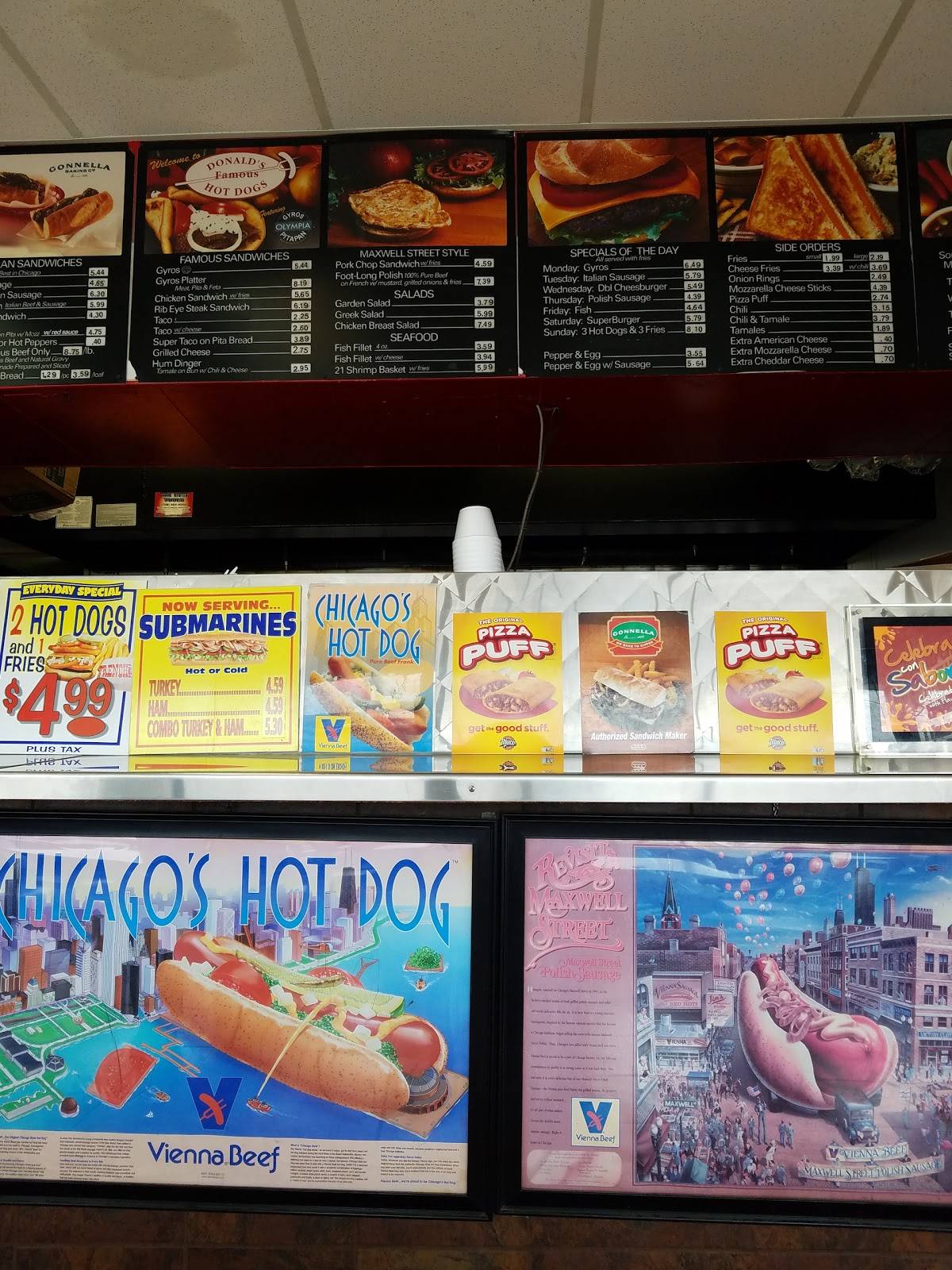 Menu at Donald's Famous Hot Dogs restaurant, Chicago, S Central Ave