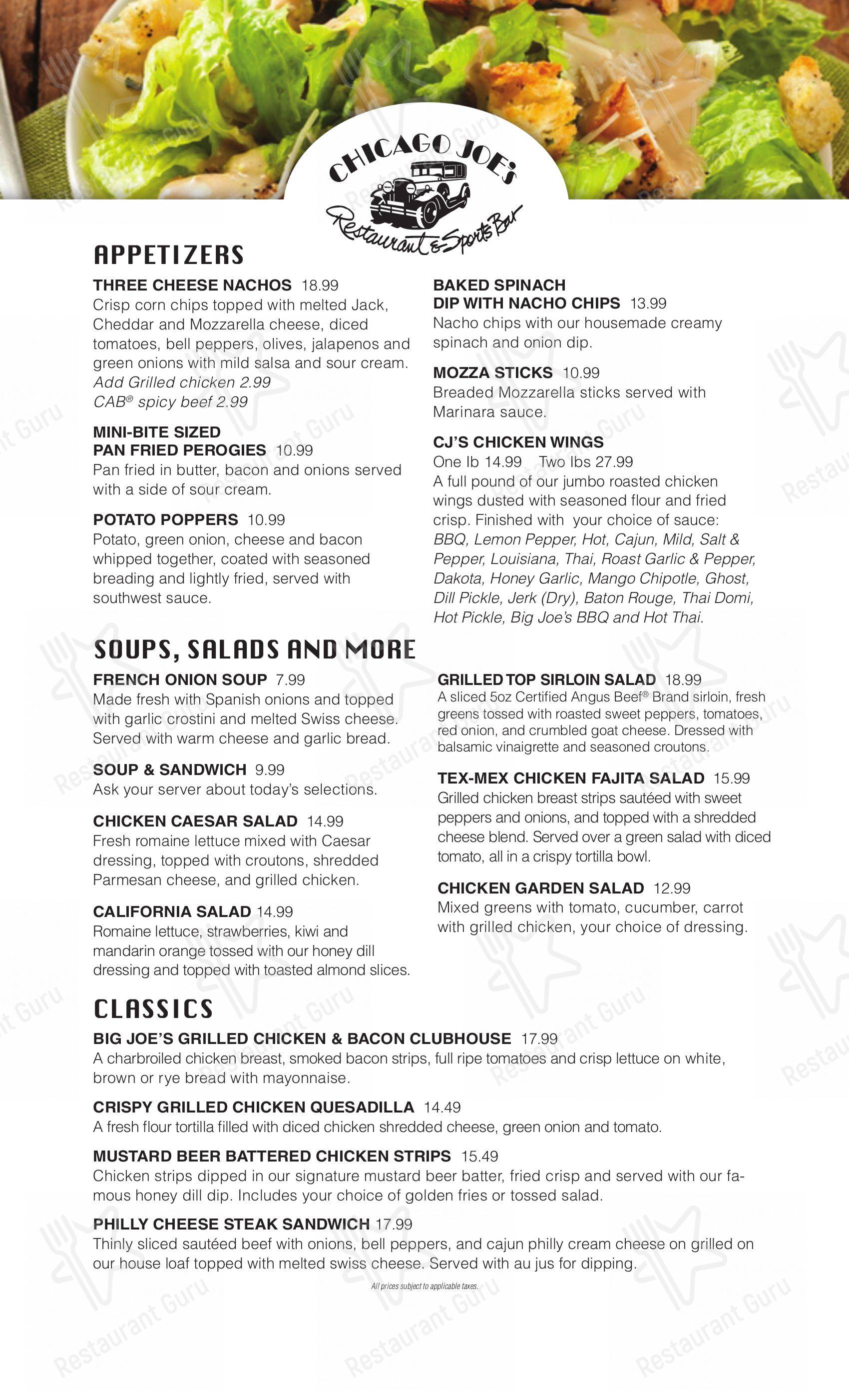 Menu at Chicago Joe's Thunder Bay restaurant, Thunder Bay