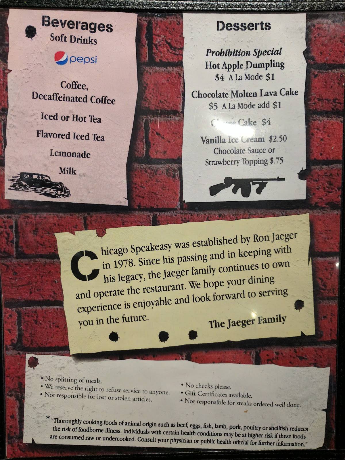 Menu at Chicago Speakeasy steakhouse, Des Moines