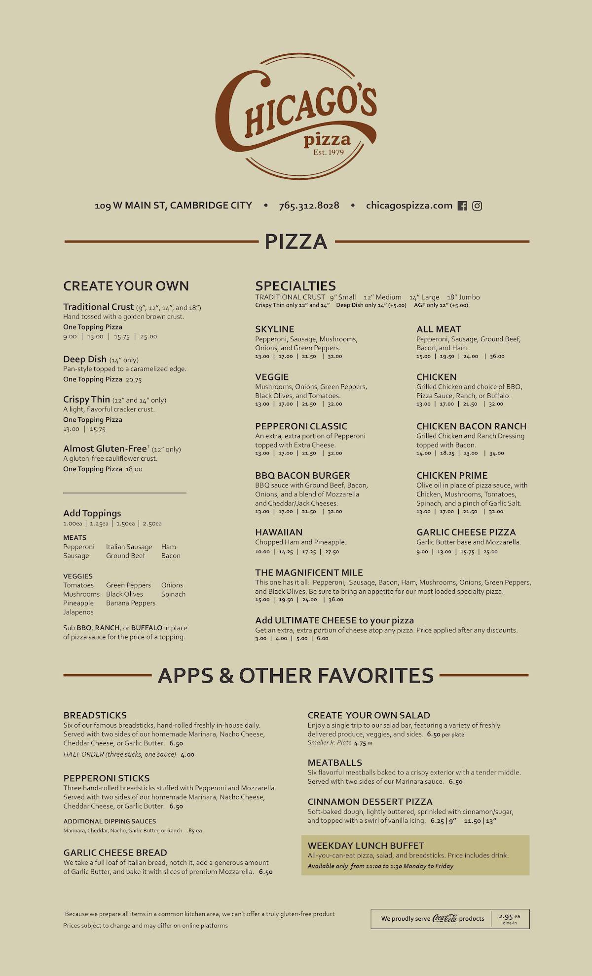 Menu at Chicago’s Pizza restaurant, Cambridge City