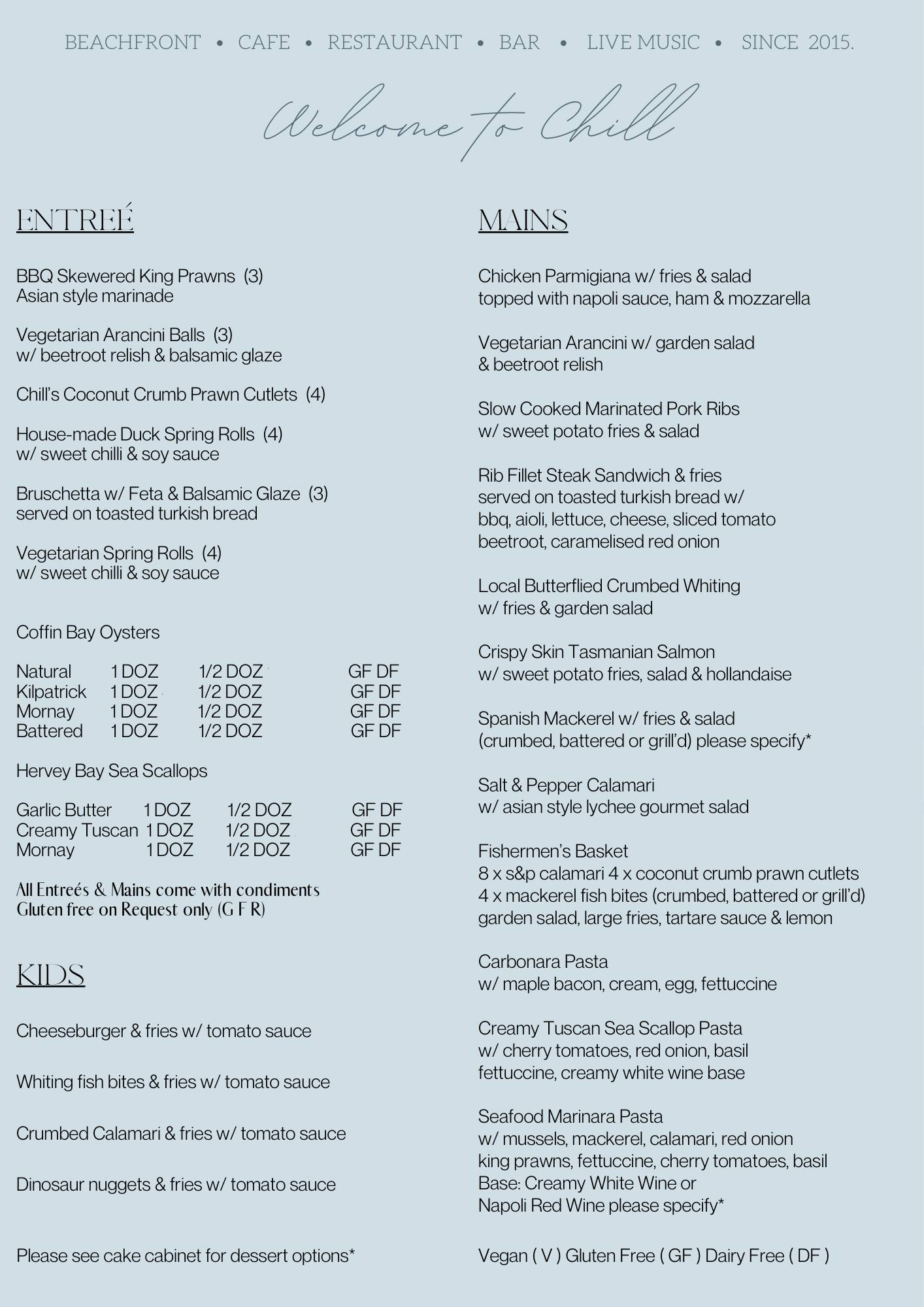 Menu at Chill Cafe 89., Golden Beach